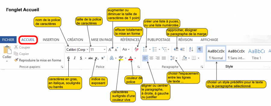 comprendre les onglets du ruban : "Accueil" | Coursinfo.fr